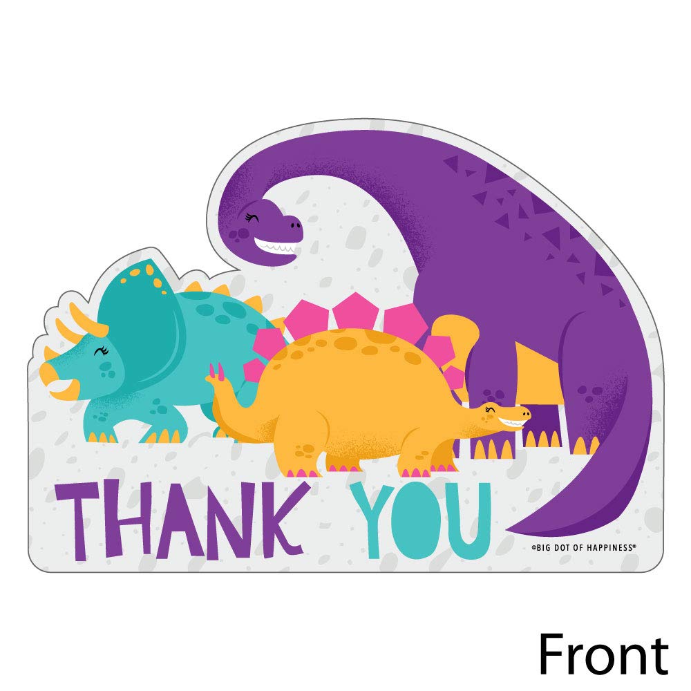 Big Dot of Happiness - Roar Dinosaur Girl - Shaped Thank You Cards - Dino Mite Baby Shower or Birthday Party Thank You Note Cards with Envelopes - Set of 12