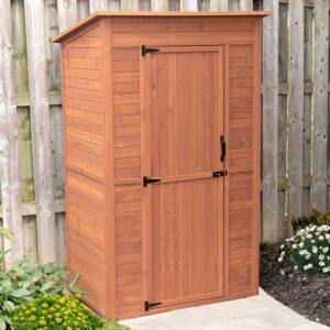 leisure season dss8721 deep storage shed with drop table - brown - tall outdoor wooden box lockers for lawn, garden, backyard, porch - 2 interior shelves for supplies, tools - weatherproof organizer