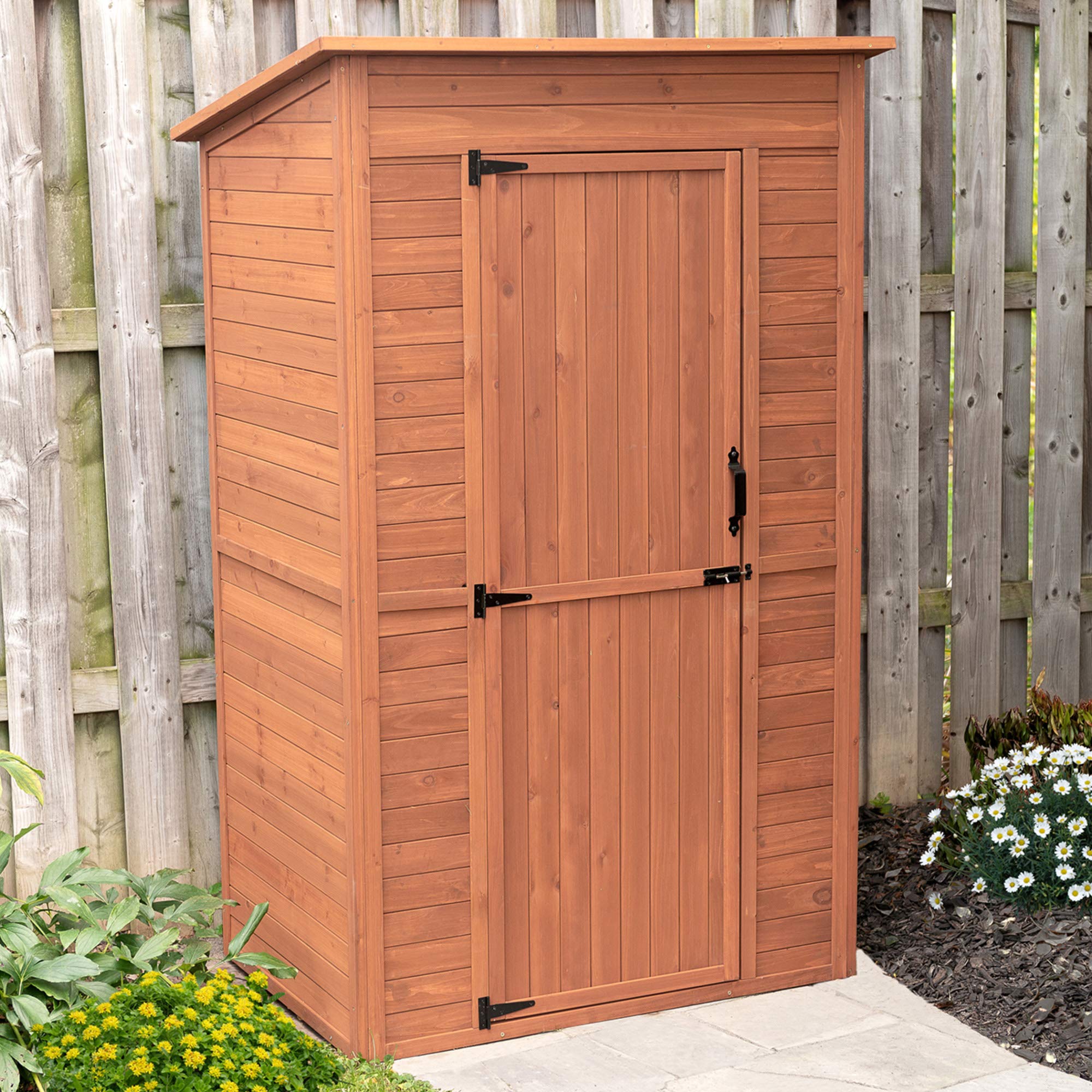 Leisure Season DSS8721 Deep Storage Shed with Drop Table - Brown - Tall Outdoor Wooden Box Lockers for Lawn, Garden, Backyard, Porch - 2 Interior Shelves for Supplies, Tools - Weatherproof Organizer