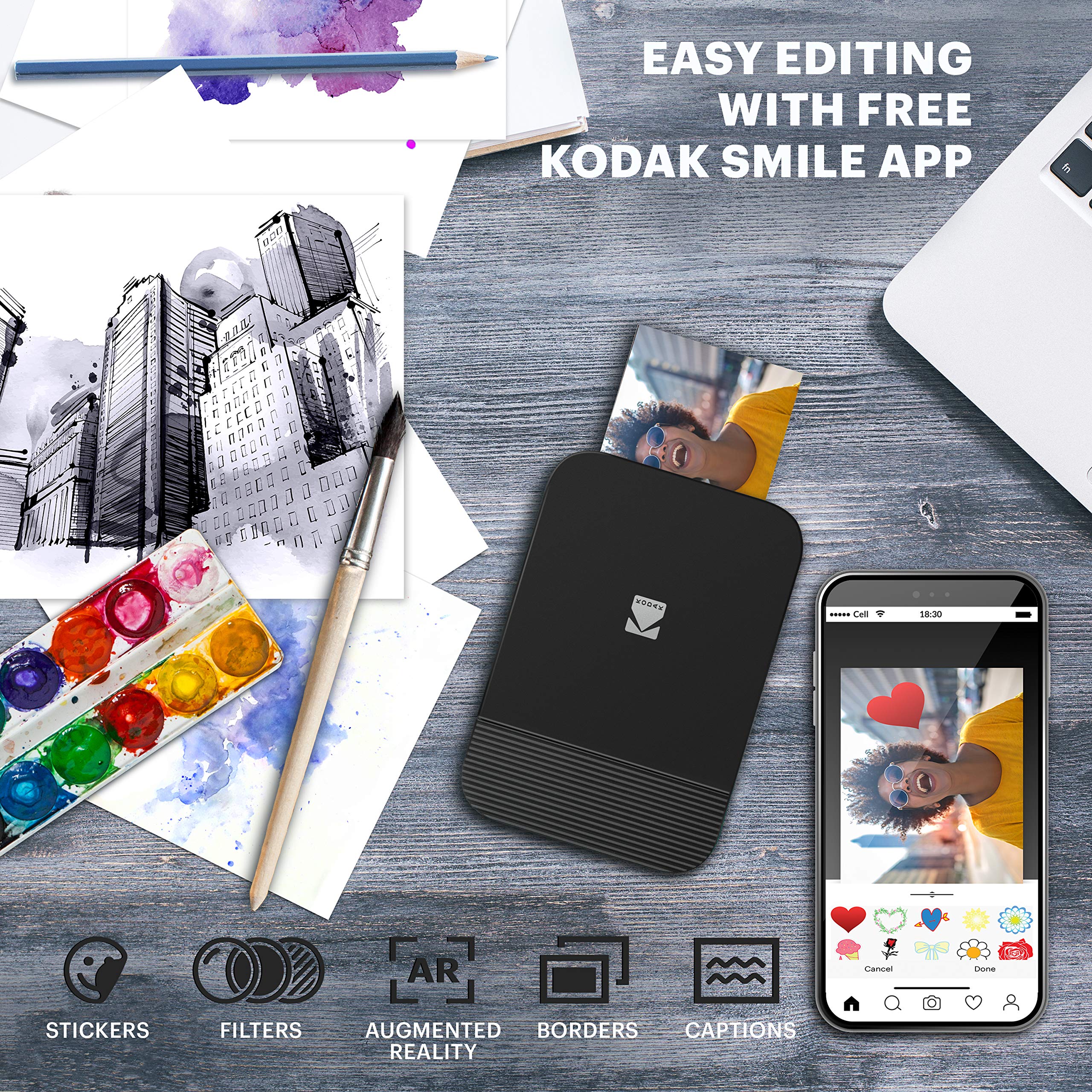 Zink KODAK Smile Instant Digital Bluetooth Printer for iPhone & Android – Edit, Print & Share 2x3 Zink Photos w/ Smile App (Black/ White)