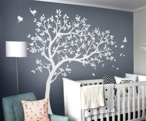 large tree wall decals nursery tree stickers with birds stunning tree wall art mural vinyl wall decor kw032 (leaning right, white)