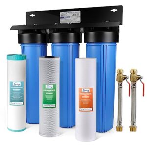 ispring wgb32bm 3-stage whole house water filtration system (w/ 20” x 4.5” sediment, carbon, and iron & manganese reducing filters) w/ 3/4'' push-fit braided stainless steel hose connectors