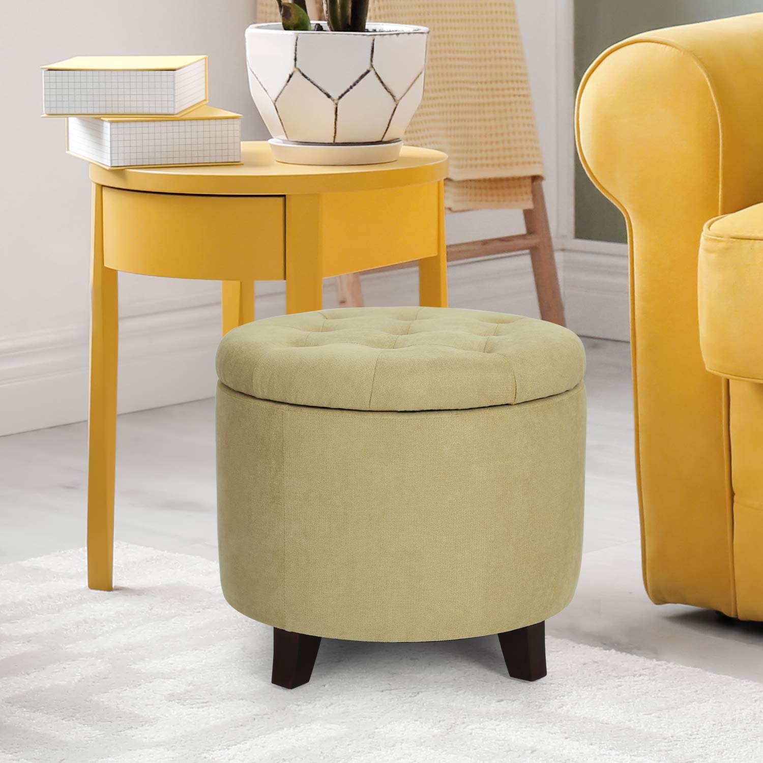 Adeco Fabric Cushion Round Button Tufted Lift Top Storage Footstool, Height 17 Inches Ottomans & Storage Ottomans, Flax Yellow