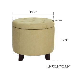 Adeco Fabric Cushion Round Button Tufted Lift Top Storage Footstool, Height 17 Inches Ottomans & Storage Ottomans, Flax Yellow