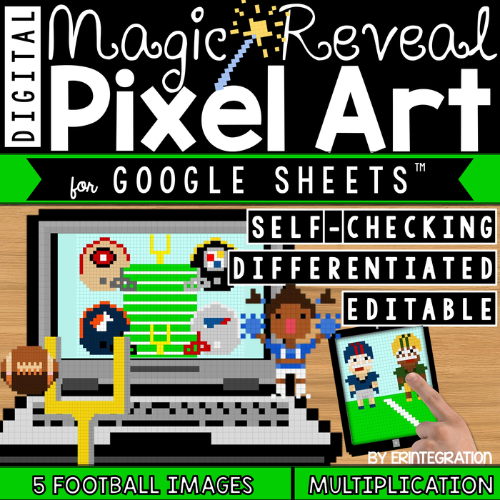 Multiplication & Division Fact Practice on Google Sheets - Self Checking - Football Themed - Magic Reveal - Digital Pixel Art (Editable)