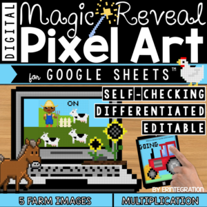 multiplication & division fact practice on google sheets - self checking - farm themed - magic reveal - digital pixel art (editable)