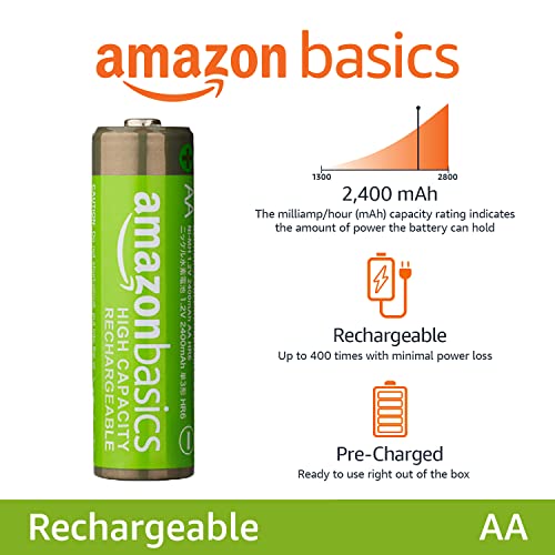 Amazon Basics 12-Pack Rechargeable AA NiMH High-Capacity Batteries, 2400 mAh, Recharge up to 400x Times, Pre-Charged