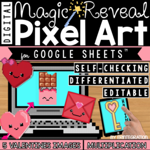 multiplication & division fact practice on google sheets - self checking - valentine's day themed - magic reveal - digital pixel art (editable)