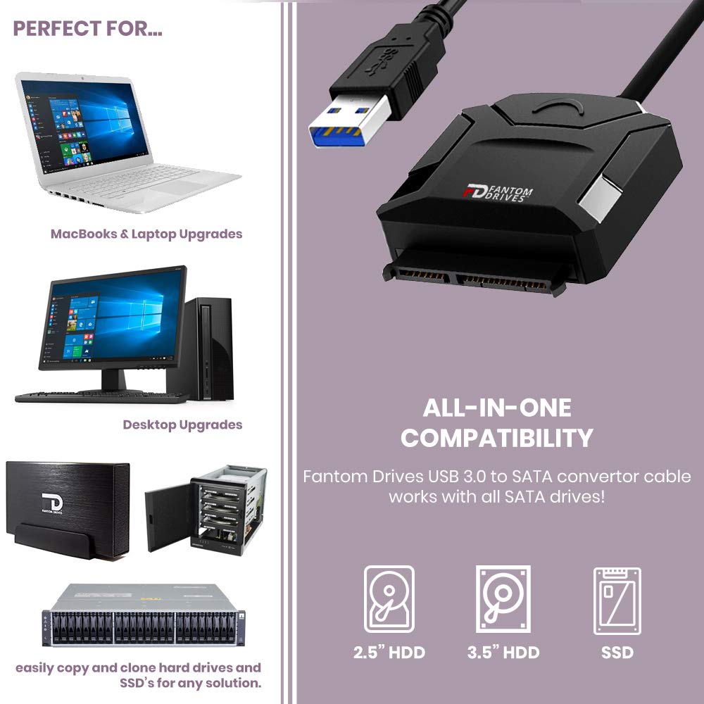 FD USB 3.0 to SATA Adapter Cable Converter for 2.5" and 3.5" Hard Drives and SSD, 12V Power Adapter, and Data cloning Utility Software in USB Flash Drive