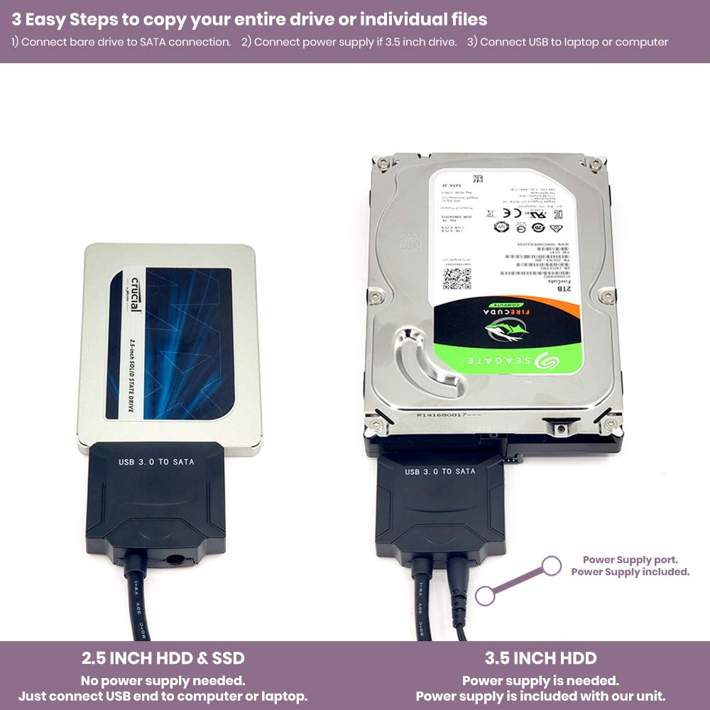 FD USB 3.0 to SATA Adapter Cable Converter for 2.5" and 3.5" Hard Drives and SSD, 12V Power Adapter, and Data cloning Utility Software in USB Flash Drive