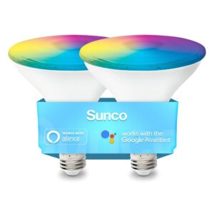 sunco par38 alexa compatible smart led bulbs, wifi color changing outdoor flood light, 13w, rgb tunable white cct, dimmable, with amazon alexa & google assistant, no hub required 2 pack