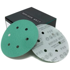 serious grit - 6-inch 6-hole 80 grit sanding discs - heavy-duty hook & loop film discs - sandpaper for random orbital sanders - 50 pack box