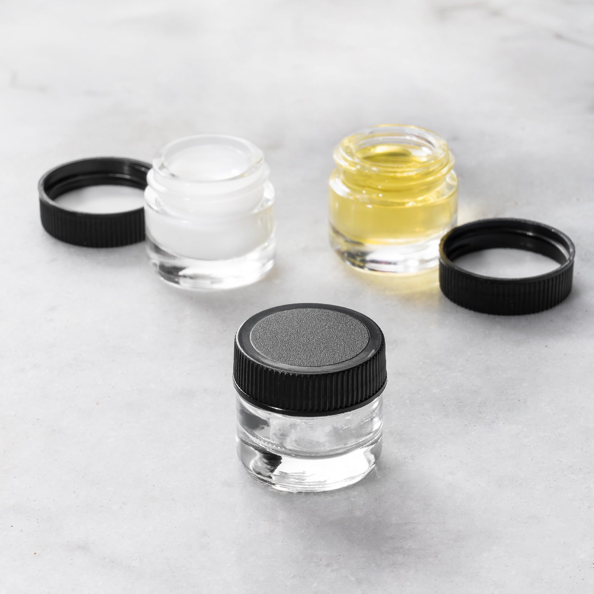 (200 Pack) 5ml Thick Glass Jars with Black Lids - Airtight Containers for Oil, Lip Balm, Wax, Cosmetics - Mini Refillable Jars Great for Travel, Samples, & More