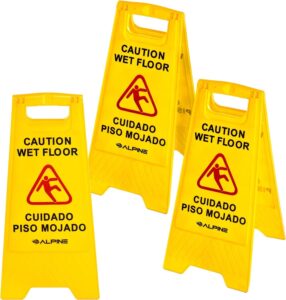 alpine wet floor signs 3 pack - 24 inch caution wet floor sign, high visibility yellow slippery when wet sign - bilingual safety warning sign to easily avoid slippery accidents in high traffic areas