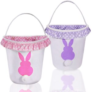 easter bunny basket eggs bags 2 pack with fluffy tail pink purple canvas cotton rabbit personalized handbag toys bucket tote bag storage gifts candies for kids girls with handles (pink + purple)