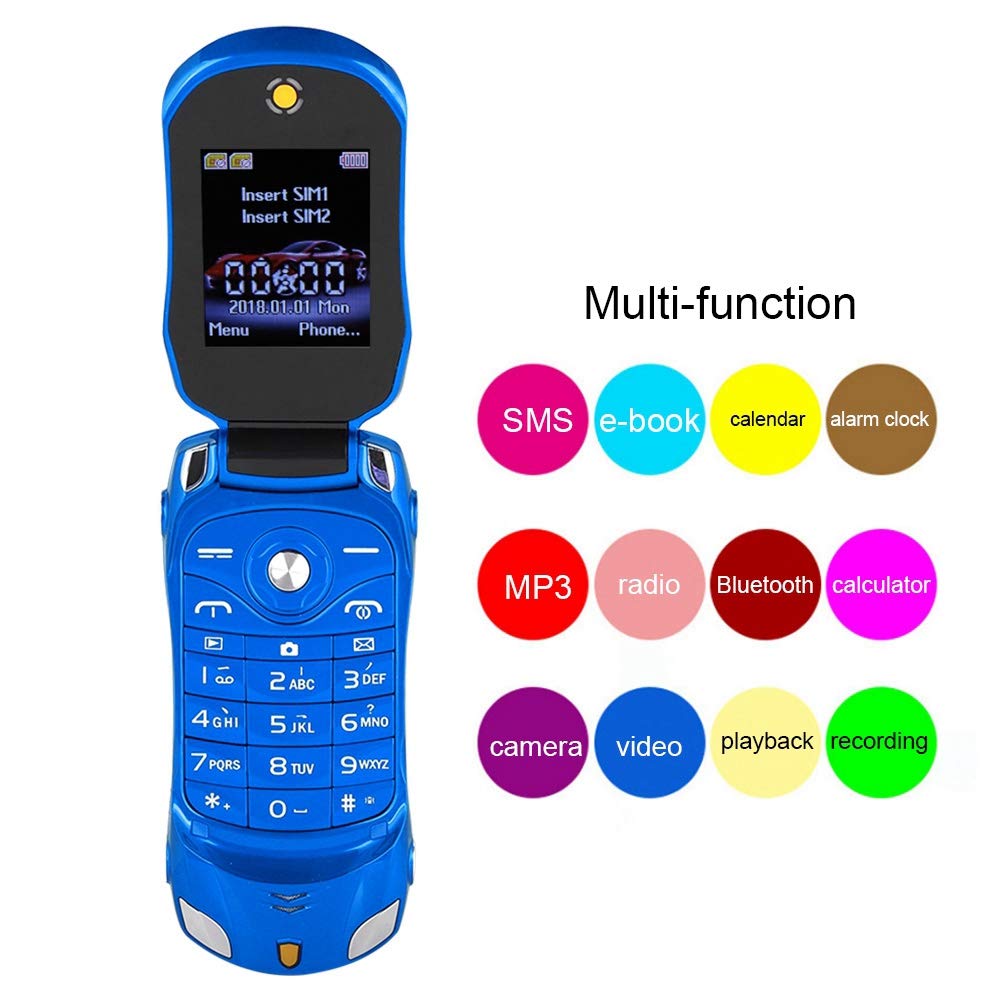 Car-Shaped Flip Phone for Senior & Kids, Flip Keypad 2G GSM Cell Phone 100-240V, Support MP3, Camera, Video Playback, Recording, Radio, Bluetooth, Calculator(Blue)