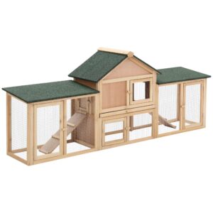 pawhut 83" l outdoor rabbit hutch, guinea pig cage indoor outdoor wooden bunny hutch with double runs, weatherproof roof, removable tray, ramps, natural