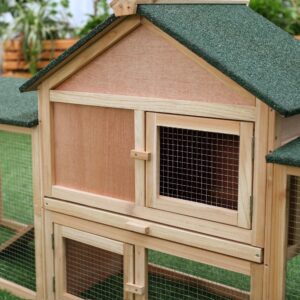 PawHut 83" L Outdoor Rabbit Hutch, Guinea Pig Cage Indoor Outdoor Wooden Bunny Hutch with Double Runs, Weatherproof Roof, Removable Tray, Ramps, Natural