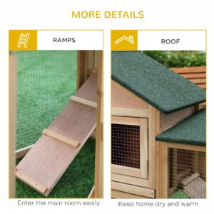 PawHut 83" L Outdoor Rabbit Hutch, Guinea Pig Cage Indoor Outdoor Wooden Bunny Hutch with Double Runs, Weatherproof Roof, Removable Tray, Ramps, Natural