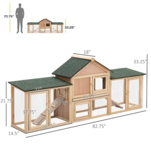 PawHut 83" L Outdoor Rabbit Hutch, Guinea Pig Cage Indoor Outdoor Wooden Bunny Hutch with Double Runs, Weatherproof Roof, Removable Tray, Ramps, Natural