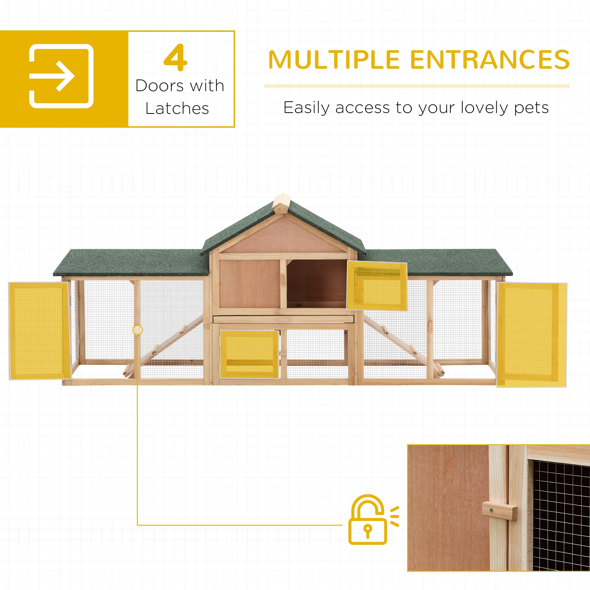 PawHut 83" L Outdoor Rabbit Hutch, Guinea Pig Cage Indoor Outdoor Wooden Bunny Hutch with Double Runs, Weatherproof Roof, Removable Tray, Ramps, Natural