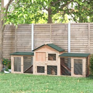 PawHut 83" L Outdoor Rabbit Hutch, Guinea Pig Cage Indoor Outdoor Wooden Bunny Hutch with Double Runs, Weatherproof Roof, Removable Tray, Ramps, Natural