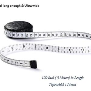 3m/120" Tape Measure Body Measuring Tape for Body Cloth Tape Measure for Sewing Fabric Tailors Medical Measurements Tape Dual Sided Leather Tape Measure Retractable (Black, 1 Pack)