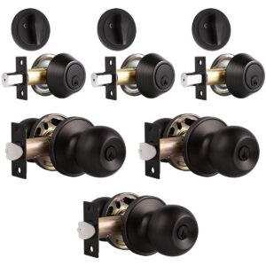 exterior deadbolt and door knob set, oil rubbed bronze entry door locksets with single cylinder deadbolt, 3 pack keyed alike door lockset with over 250000 cycles