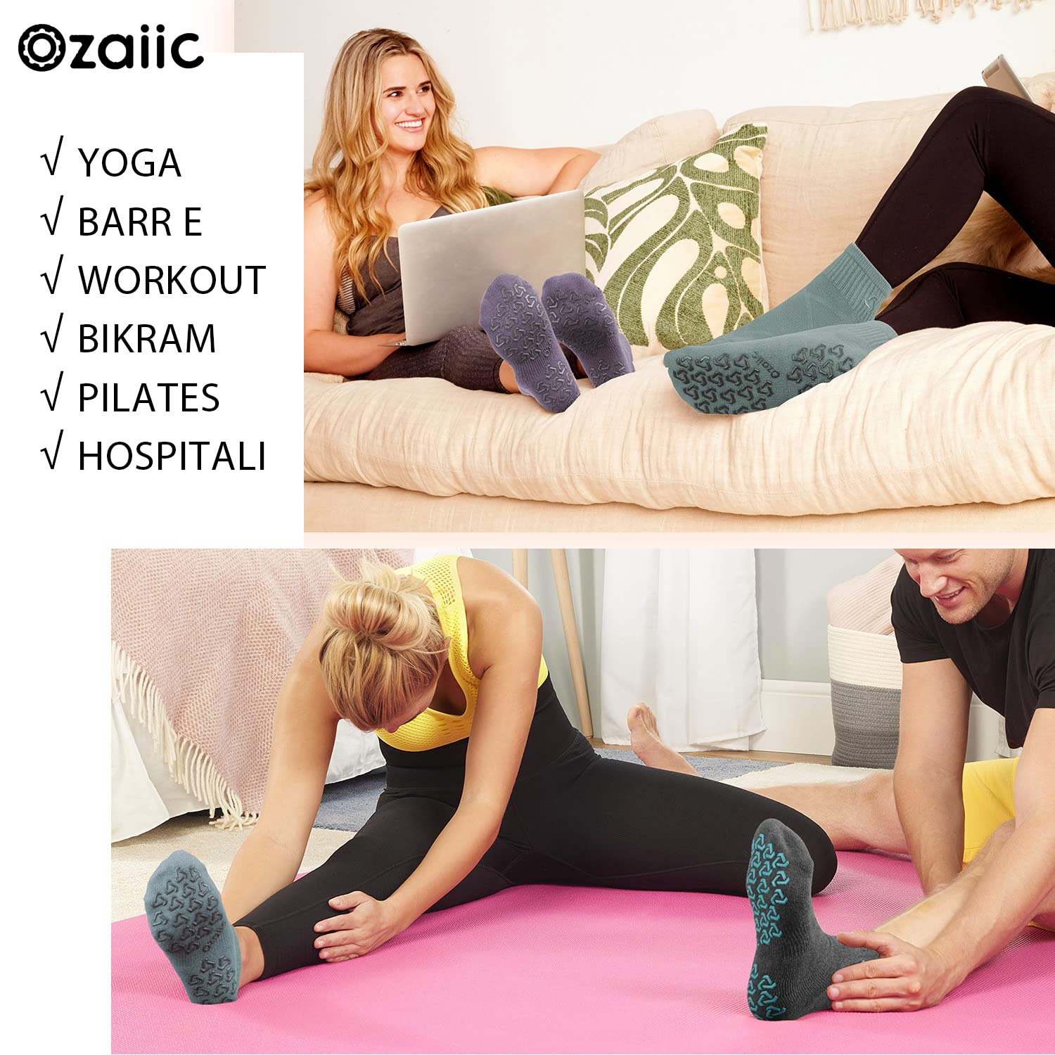 Ozaiic Non Slip Socks Grip for Yoga Home Workout Pure Barre, Pilates, Hospital, Ideal Cushion Socks for Men and Women