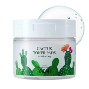 yadah cactus toner pads 5.07 fluid ounce 60 count, cruelty free facial cleansing exfoliator toning hydrating treatment wipes for clear pores acne prone oily dry sensitive skin