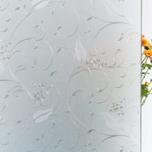 mikomer privacy window film etched flowers static cling glass door film, non adhesive heat control anti uv window cling for office and home decoration,35 inches by 157 inches