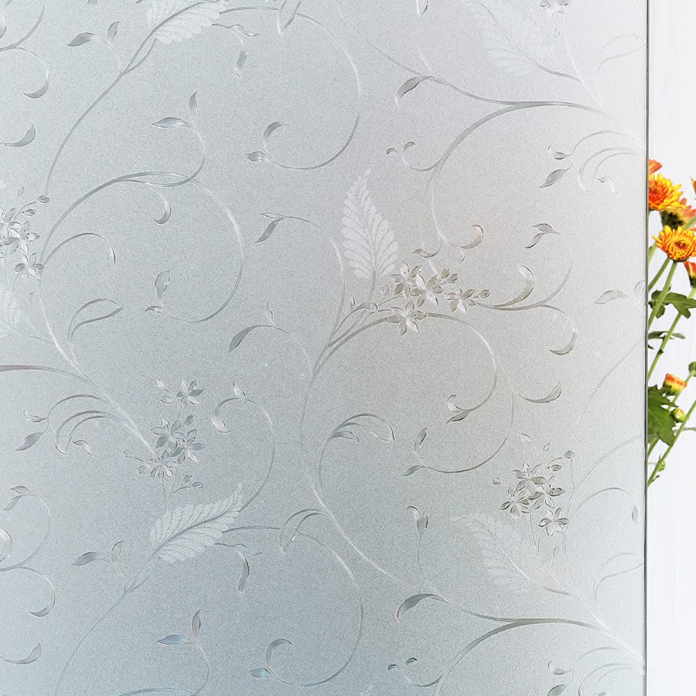 Mikomer Privacy Window Film Etched Flowers Static Cling Glass Door Film, Non Adhesive Heat Control Anti UV Window Cling for Office and Home Decoration,35 inches by 157 inches