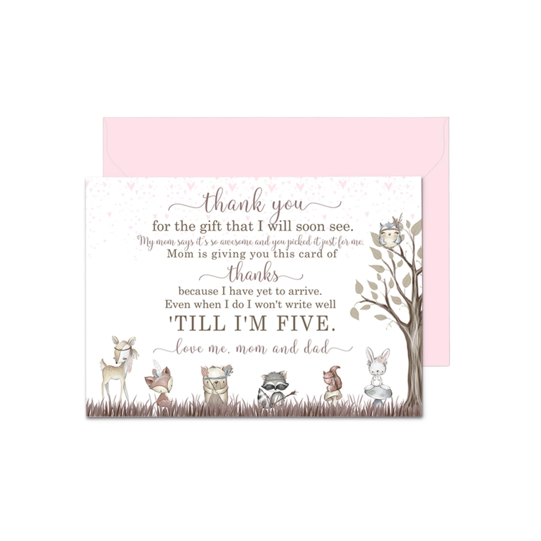 Girls Woodland Baby Thank You Cards, 15 Pack – Cute Baby Shower Notes with Envelopes Set, Prefilled Message, Customizable and Personalize Blank Stationery Pink, Rustic Floral, New Parents Gift Ideas