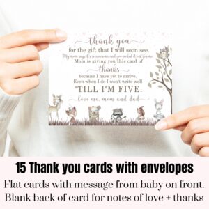 Girls Woodland Baby Thank You Cards, 15 Pack – Cute Baby Shower Notes with Envelopes Set, Prefilled Message, Customizable and Personalize Blank Stationery Pink, Rustic Floral, New Parents Gift Ideas