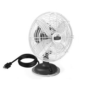 modern forms 9in oscillating plug-in desk fan with three speed motor control in matte black and nickel finish