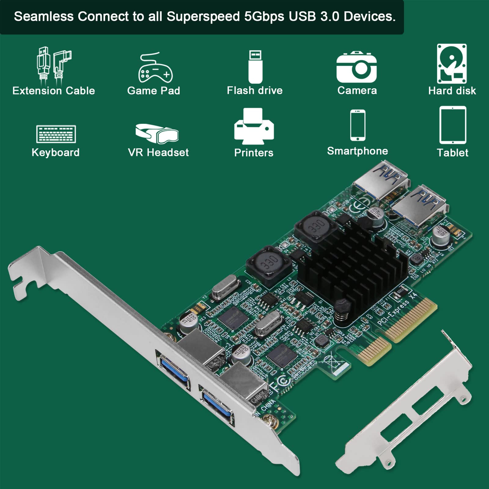 FebSmart 4-Ports Superspeed 5Gbps PCIE USB 3.0 Expansion Card for Windows and Linux Desktop PCs, 2X Dedicated 5Gbps Channels 10Gbps Bandwidth, Built in FebSmart Self-Powered Technology (FS-2C-U4-Pro)