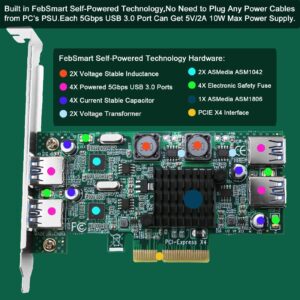 FebSmart 4-Ports Superspeed 5Gbps PCIE USB 3.0 Expansion Card for Windows and Linux Desktop PCs, 2X Dedicated 5Gbps Channels 10Gbps Bandwidth, Built in FebSmart Self-Powered Technology (FS-2C-U4-Pro)