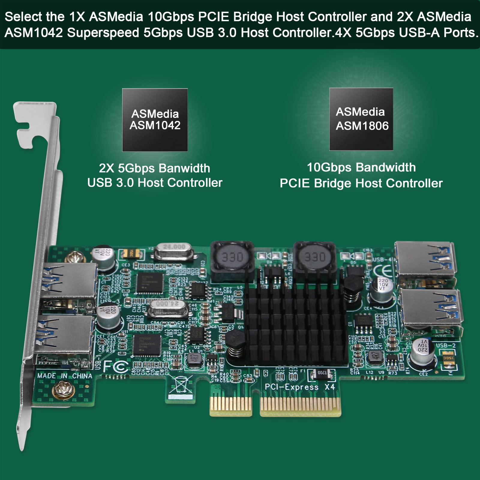 FebSmart 4-Ports Superspeed 5Gbps PCIE USB 3.0 Expansion Card for Windows and Linux Desktop PCs, 2X Dedicated 5Gbps Channels 10Gbps Bandwidth, Built in FebSmart Self-Powered Technology (FS-2C-U4-Pro)