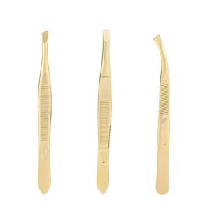 tvoip 3pcs eyebrow tweezer golden stainless steel slant/flat tip curved forceps hair removal cosmetic makeup tool kit face trimmer