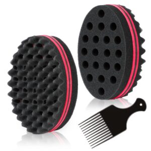 bigeddie big holes sponge for hair, twist sponge, magic sponge brush, afro hair sponge for curls with 6.29 inch free hair pick comb (2 pack)