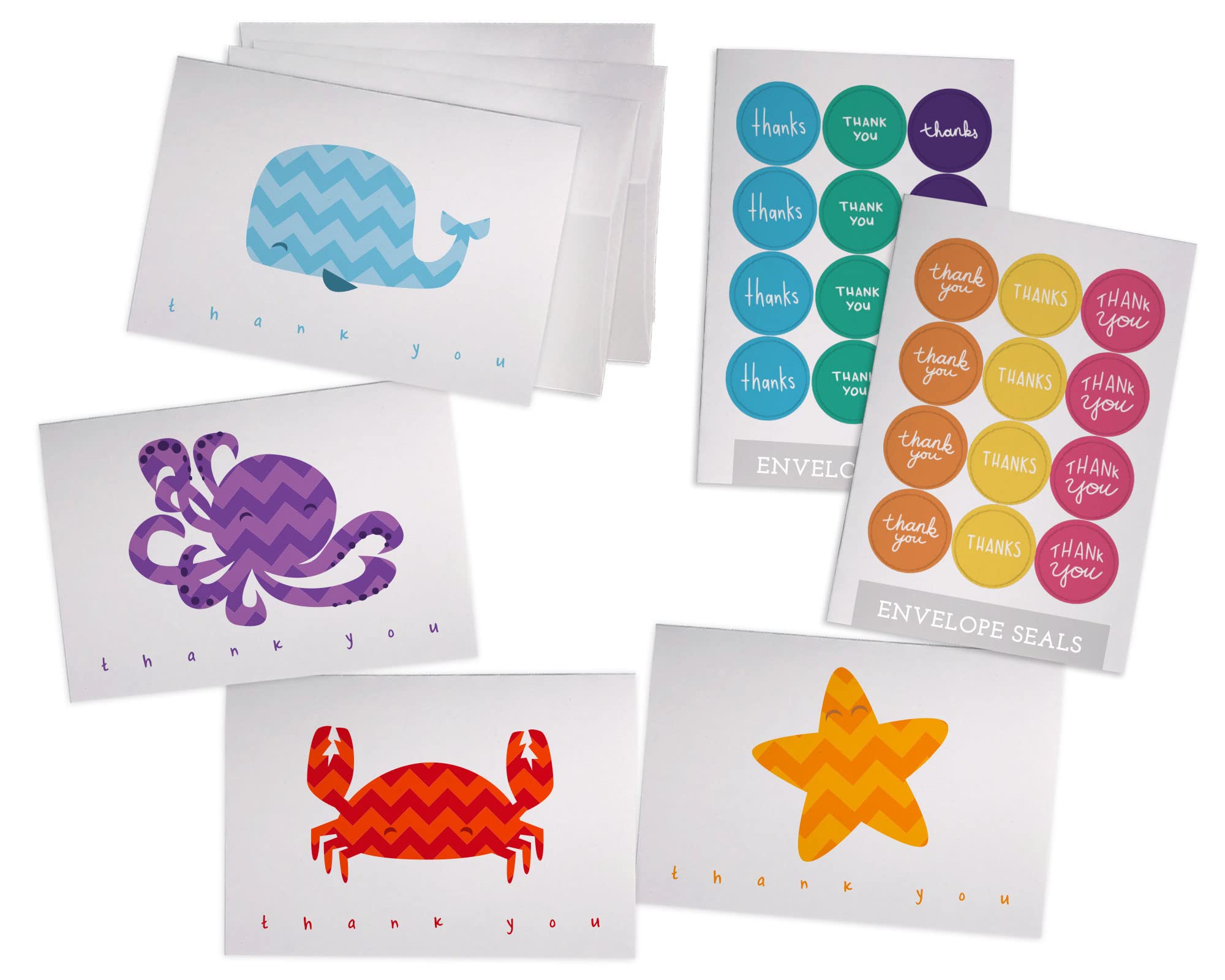 Under The Sea Chevron Animals Thank You Cards Variety Pack - For Baby Showers or Kids - 48 Cards with Envelopes and Colorful Sticker Seals