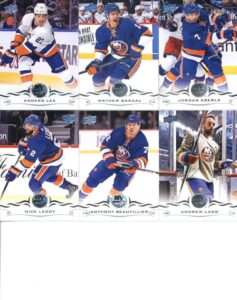 2018-19 upper deck series 1 and 2 hockey complete new york islanders team set of 13 cards: andrew ladd(#114), anthony beauvillier(#115), nick leddy(#116), jordan eberle(#117), mathew barzal(#118), anders lee(#119), thomas greiss(#365), robin lehner(#366),