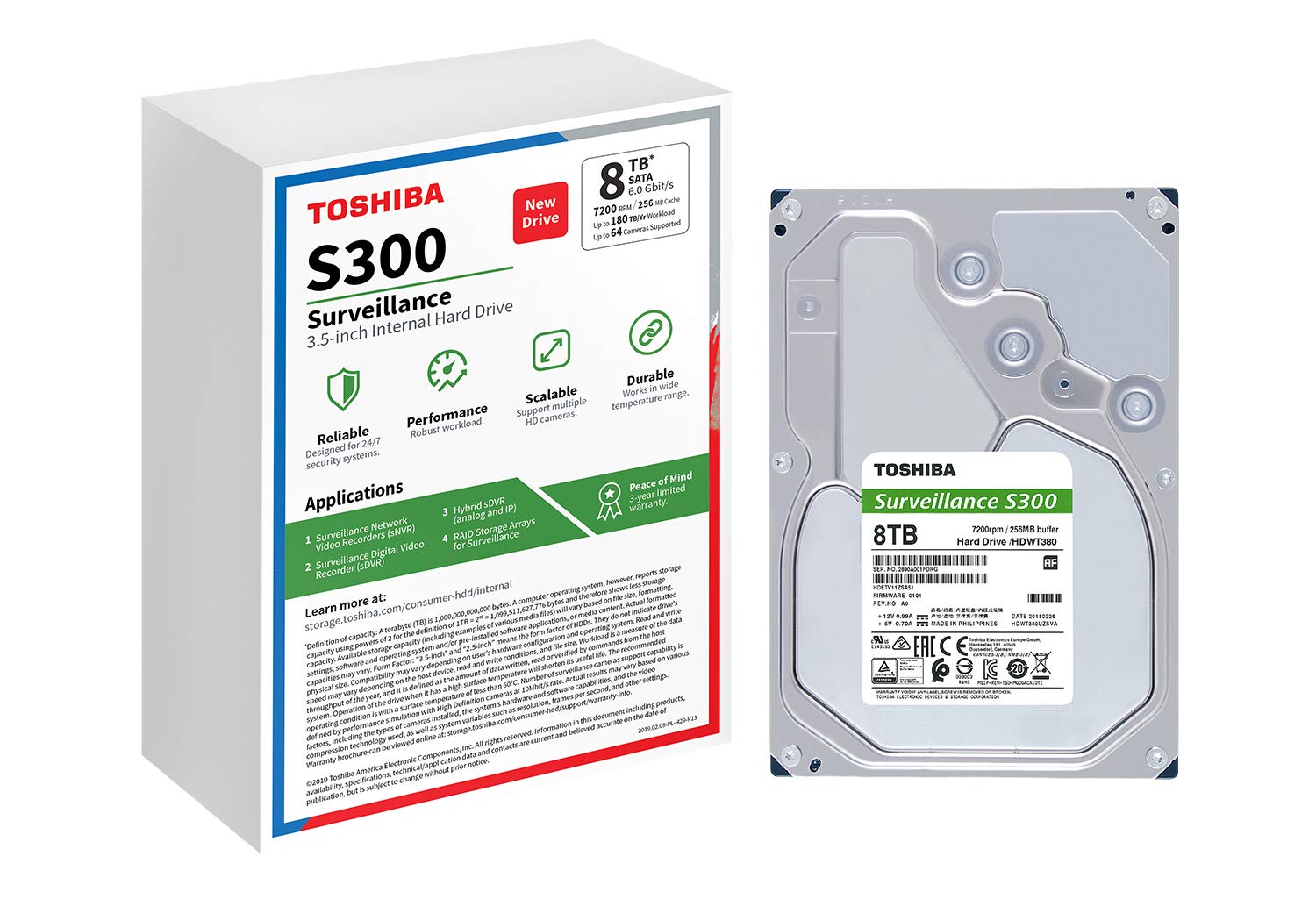 Toshiba S300 8TB Surveillance 3.5” Internal Hard Drive – CMR SATA 6 Gb/s 7200 RPM 256MB Cache - HDWT380UZSVAR