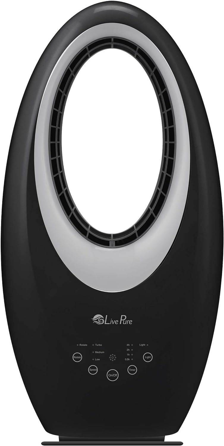 LivePure Bladeless Oscillating Fan. 3-Speed Adjustment, Touch Control, Quiet Cooling Fan. Stand Up Fan for Bedroom, Office, Kitchen. Black