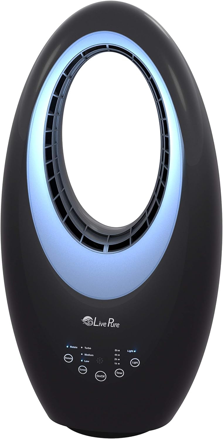 LivePure Bladeless Oscillating Fan. 3-Speed Adjustment, Touch Control, Quiet Cooling Fan. Stand Up Fan for Bedroom, Office, Kitchen. Black