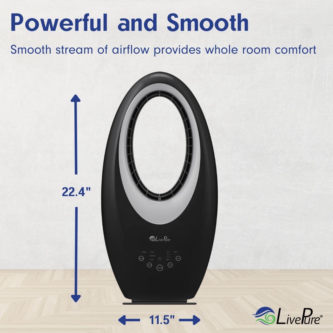 LivePure Bladeless Oscillating Fan. 3-Speed Adjustment, Touch Control, Quiet Cooling Fan. Stand Up Fan for Bedroom, Office, Kitchen. Black