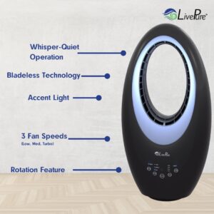 LivePure Bladeless Oscillating Fan. 3-Speed Adjustment, Touch Control, Quiet Cooling Fan. Stand Up Fan for Bedroom, Office, Kitchen. Black