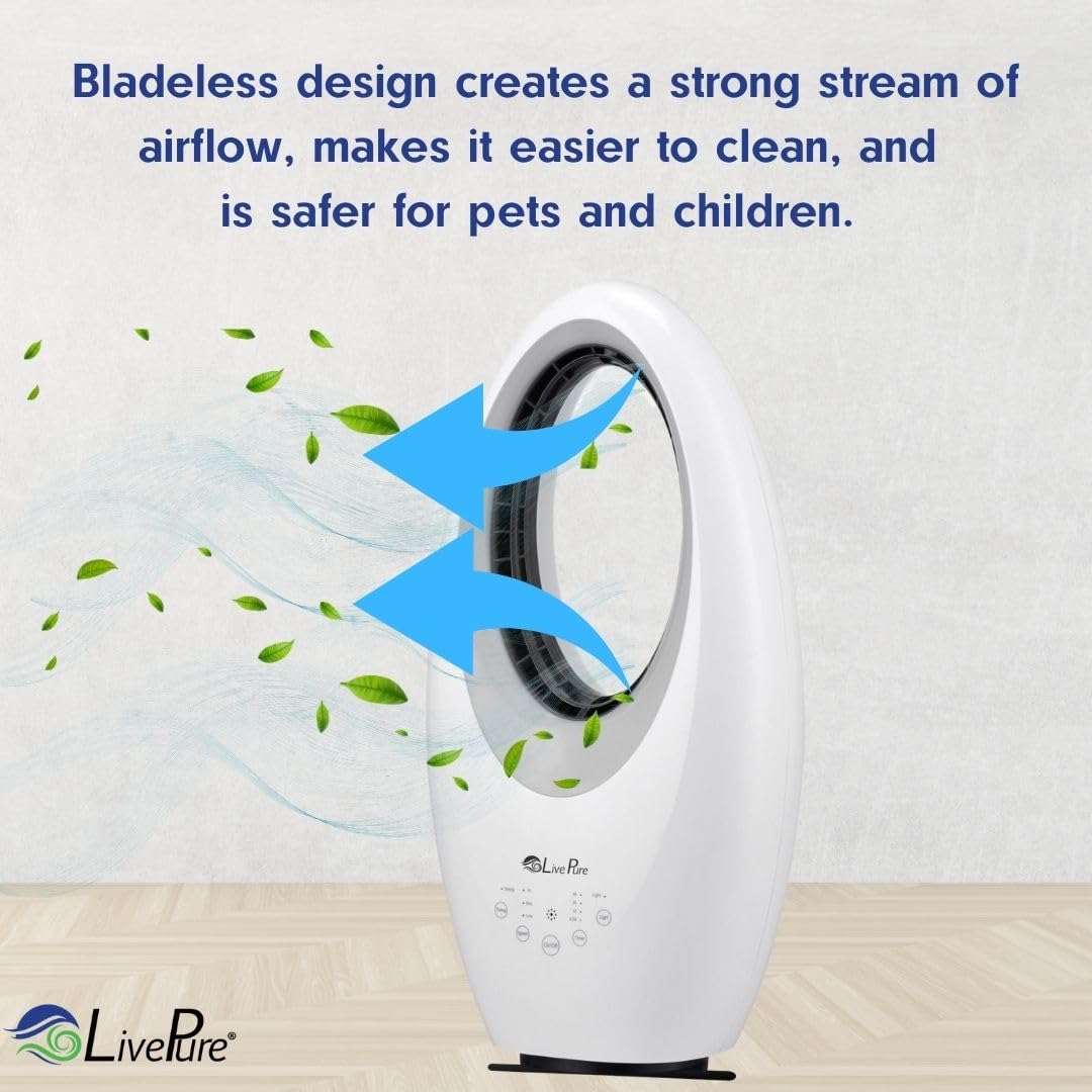 LivePure Bladeless Oscillating Fan. 3-Speed Adjustment, Touch Control, Quiet Cooling Fan. Stand Up Fan for Bedroom, Office, Kitchen. Black