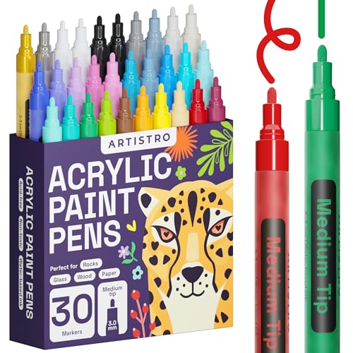 ARTISTRO Acrylic Paint Markers Pens – 30 Acrylic Paint Pens Medium Tip (3mm) - Great for Rock Painting, Wood, Fabric, Card, Paper, Ceramic & Glass - 28 Colors + Extra Black & White Paint Marker Set