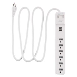 amazon basics rectangular 6-outlet surge protector power strip with 2 usb ports - 1000 joule, white, 6 ft